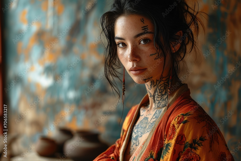 woman with tattoos in a robe in the style of figured canvas Stock Photo ...