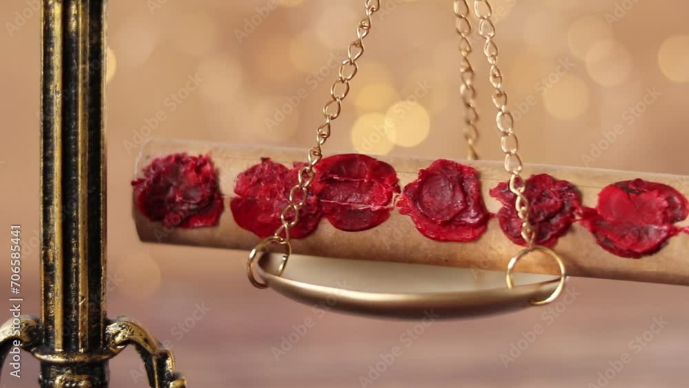 Vidéo Stock Ancient seven seal scroll swinging on golden balance scale ...