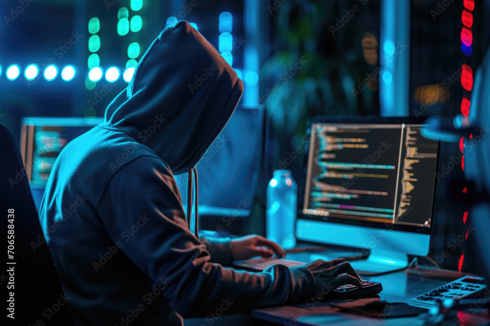 Hacker Types On Computer, Symbolizing Cybercrime And Dark Web Stock ...