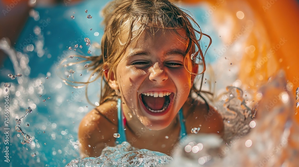 Close up photo of happy screaming little girl sliding from water slide ...