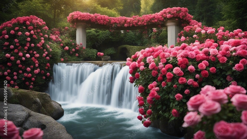 waterfall in the park Fantasy waterfall of love, with a landscape of ...