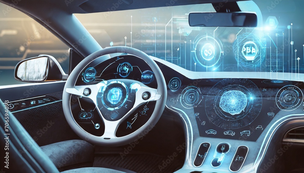 Autonomous futuristic vehicle dashboard concept with holographic ...