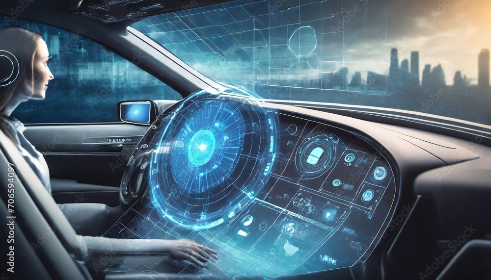 Autonomous futuristic vehicle dashboard concept with holographic ...