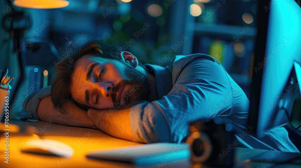 Overworked employee sleeping at his desk in a dimly lit office room ...