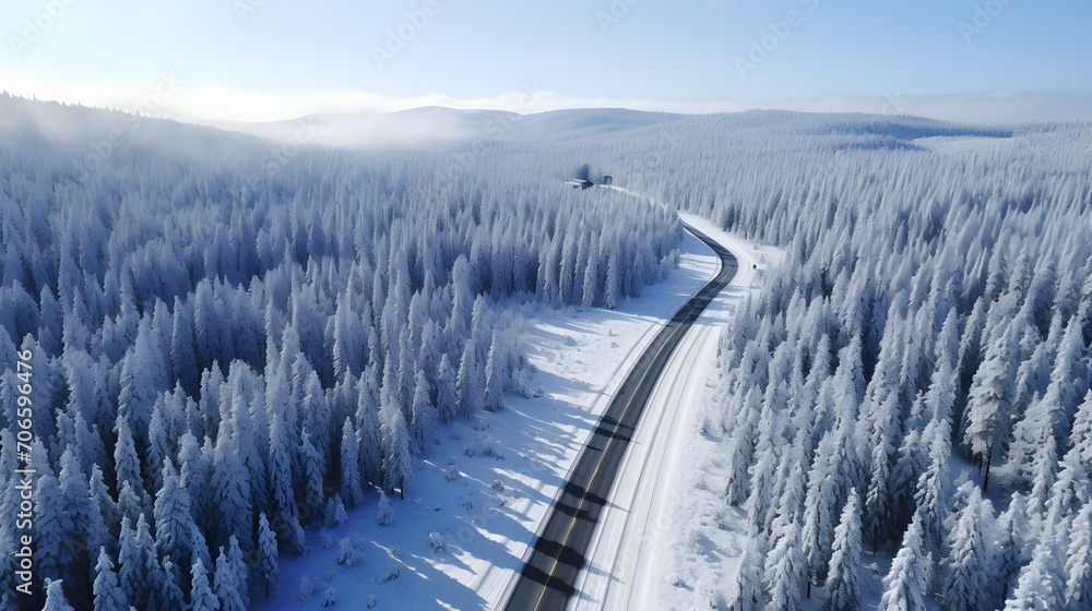 Snow-covered mountain pass in winter with icy roads and towering pine ...