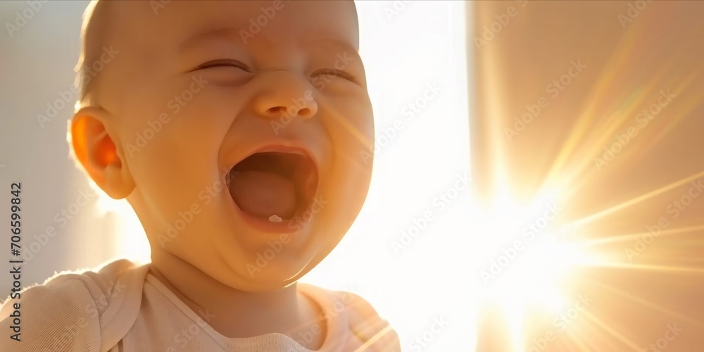 Emotional Closeup: Cute Baby Boy Crying and Screaming, Bathed in ...