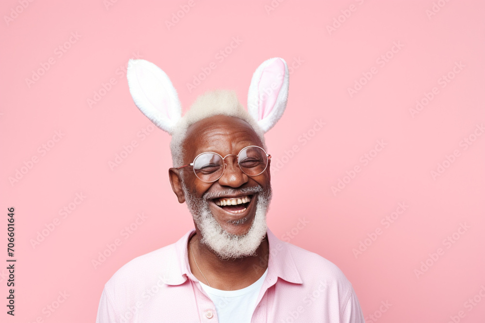 Senior African American old man with cute bunny rabbit ears on studio ...