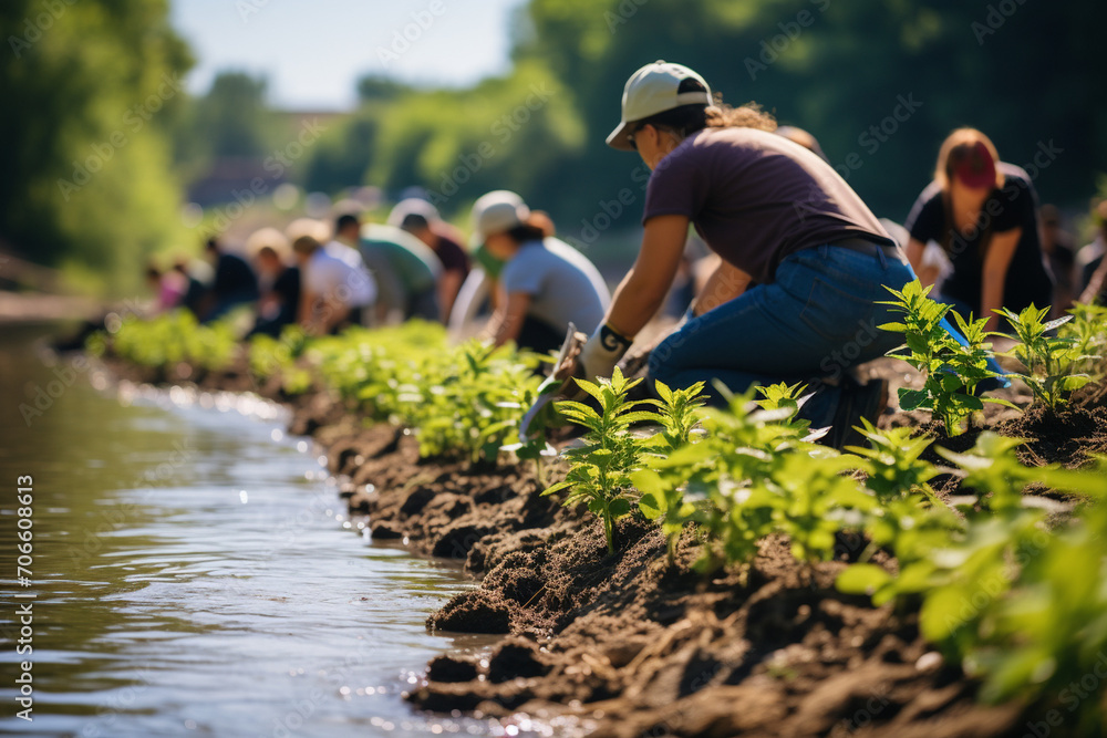 Volunteers participating in a river restoration project, planting ...
