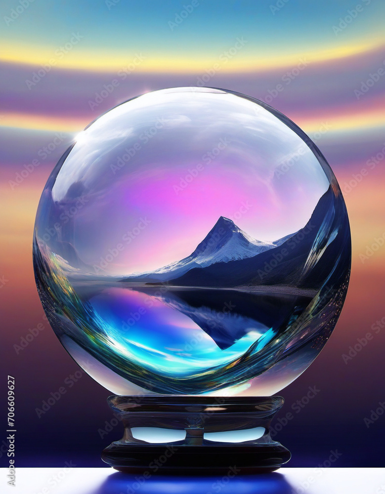 Crystal ball reflecting a vibrant mountain landscape at sunset with ...