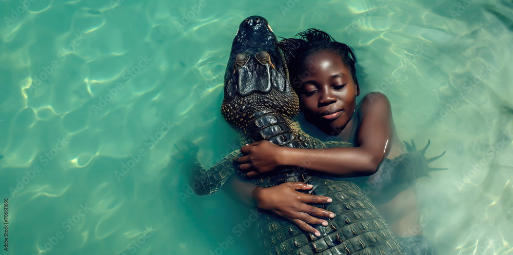 Brave black African girl hugging an alligator in lagoon with copy space ...