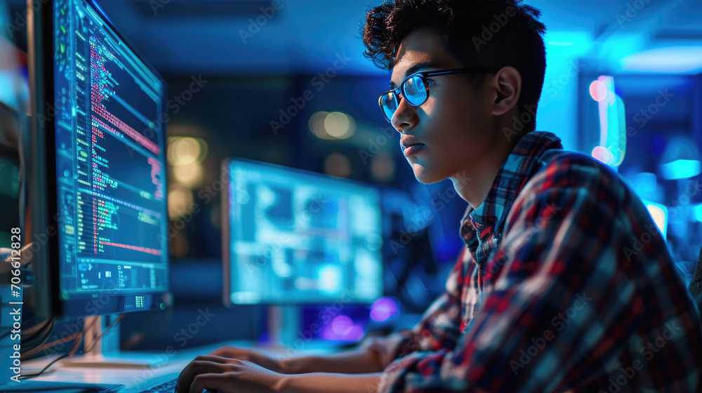 Focused male programmer working in a dark office environment, typing ...