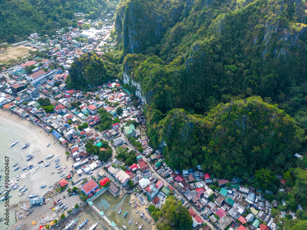Philippines Aerial View. El Nido Town and Beach. Palawan Tropical ...