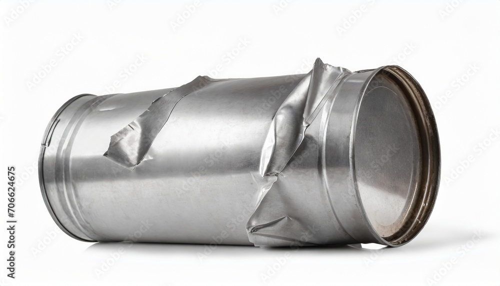 crumpled silver metal barrel white background isolated closeup dented ...