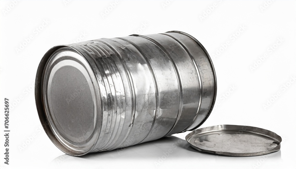 crumpled silver metal barrel white background isolated closeup dented ...