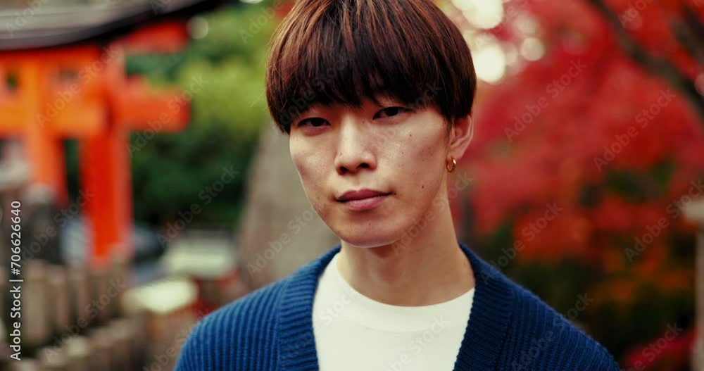 Japanese man, outdoor and face with fashion, forest and trendy style on ...
