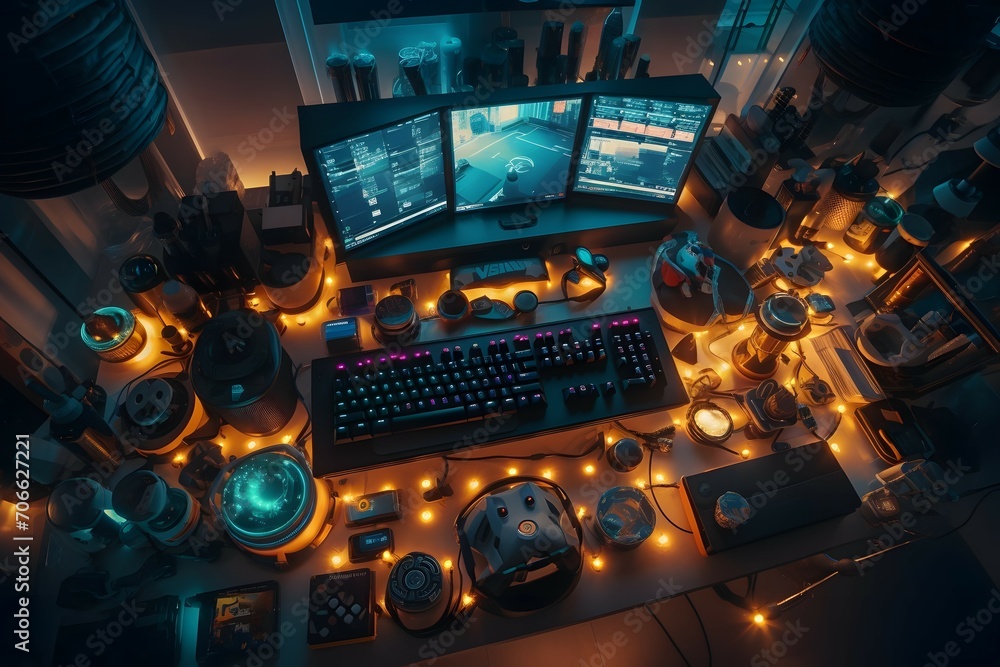 Bird s eye view of vibrant lit gaming equipment on table. Representing ...