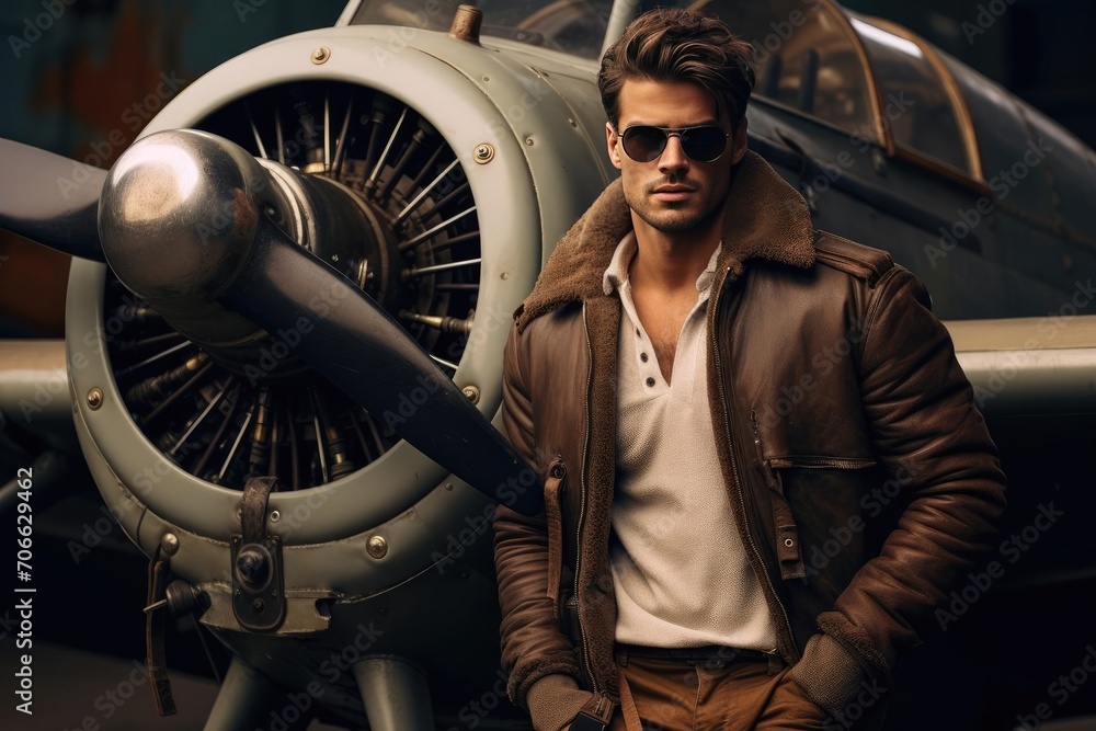 Male model as a vintage aviator Next to a classic propeller plane Stock ...