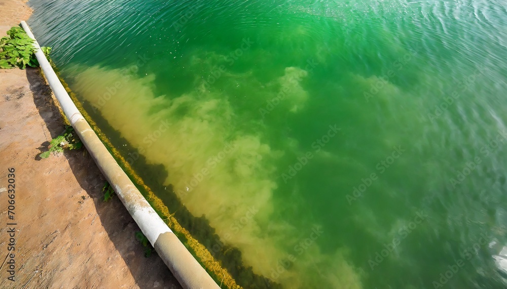dirty green chemical polluted water flows into the river the lake the ...