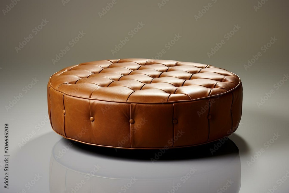 Circular ottoman made of brown leather against a clear background ...