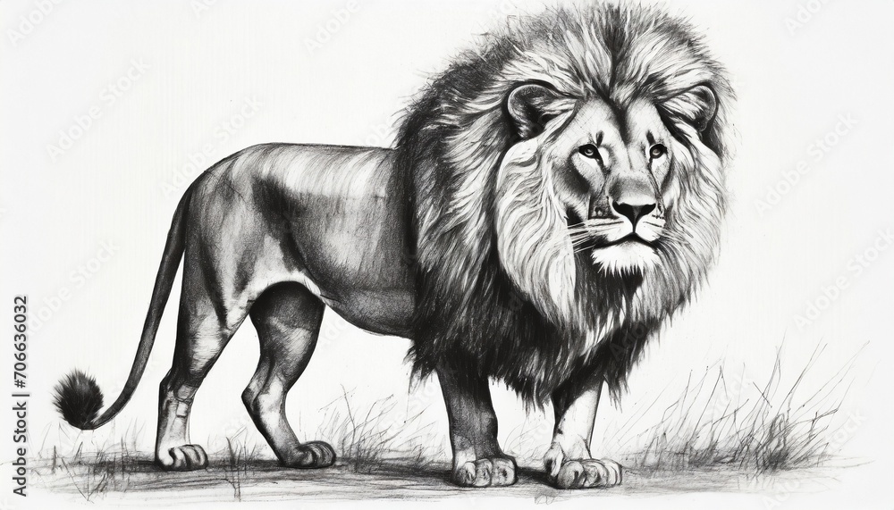 male lion with big shaggy mane illustration hand drawn pencil sketch in ...