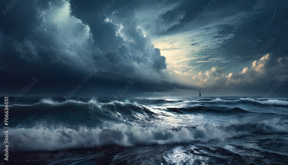 storm with dark clouds at night over the water of the ocean with waves ...