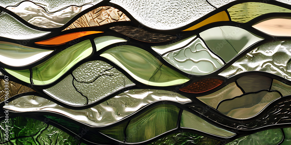 Um close-up de uma vitral Art Nouveau detalhado e intrincado, com ...