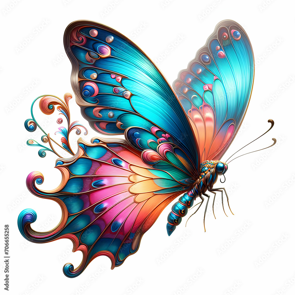 Colorful, Pink, Orange Butterfly in Flight Isolated on a White ...