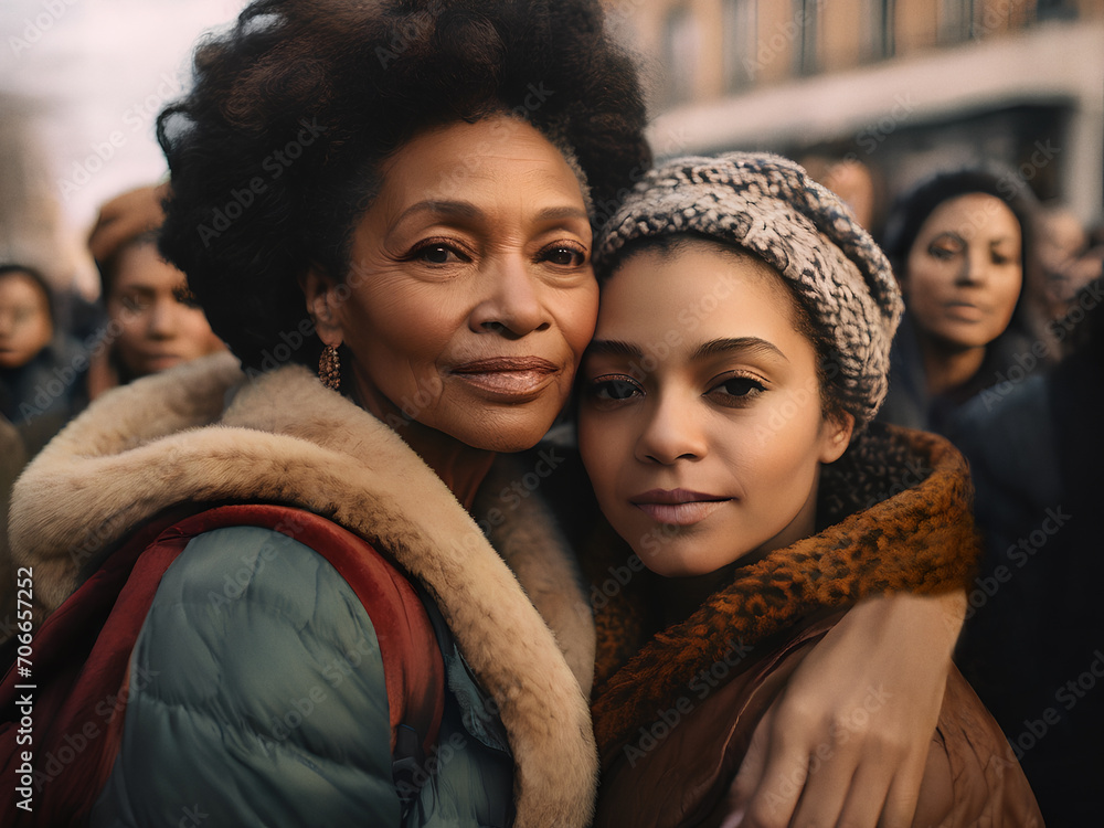 Portrait of adult african american mother and daughter at feminist ...