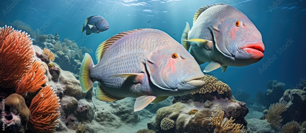 Poster Small group of bumphead parrot fish eating algae and corals in a ...