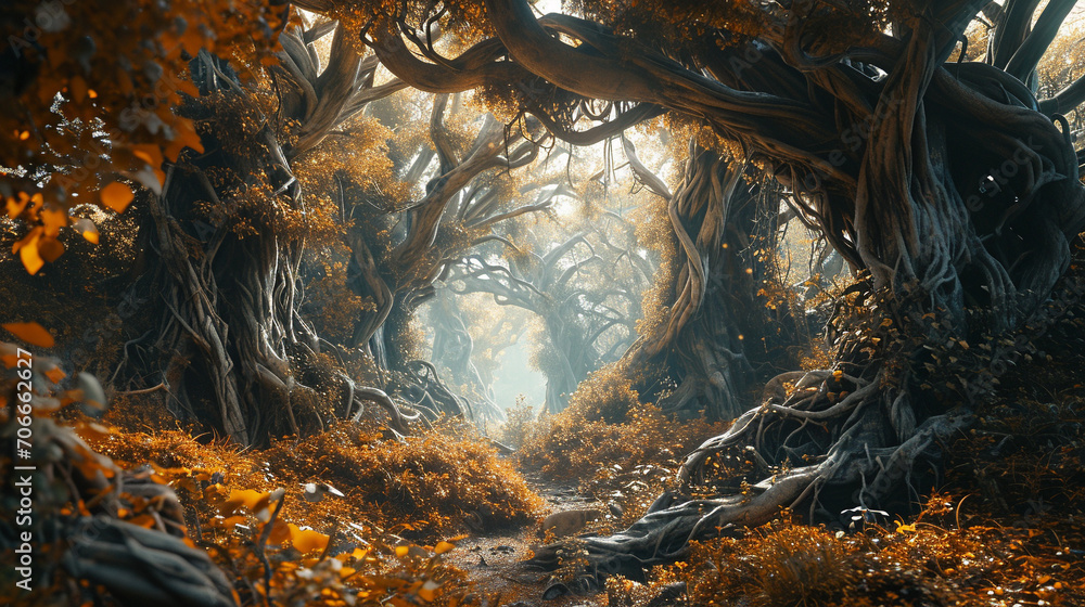 Tangled maze of colossal ancient tree roots overtaken by fluorescent ...