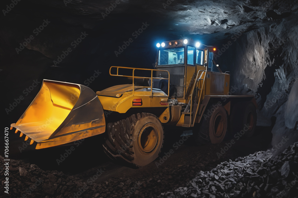 Coal mining. Underground Mining Loader in mine. Heavy machinery for ...
