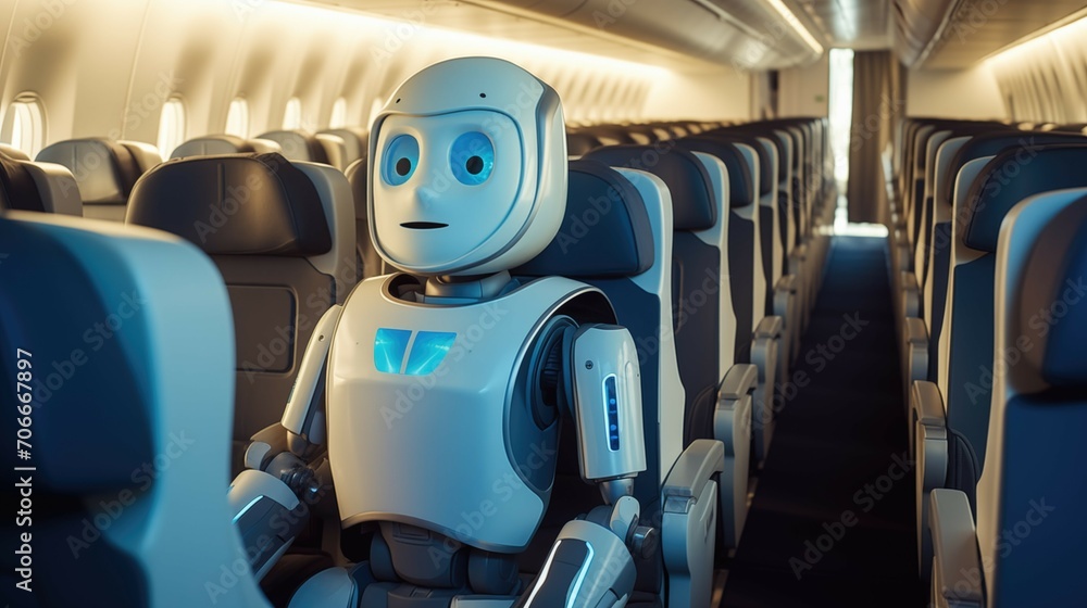 Scared robot steward in a plane sitting on a passenger seat afraid of ...