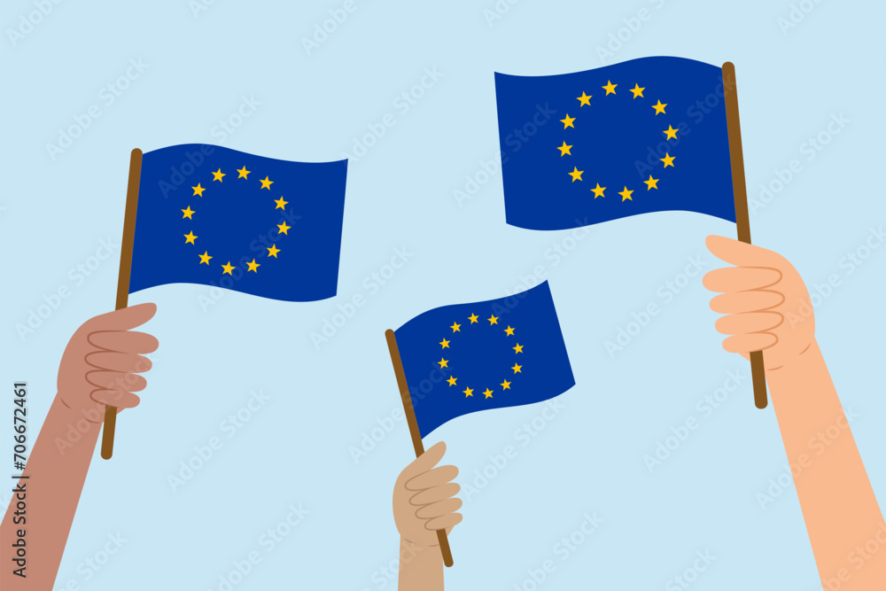 WebDiverse hands raising flags of the European Union. Vector ...