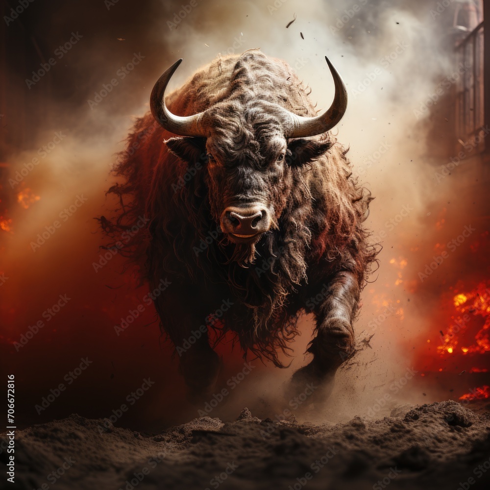 Portrait of a running bull in smoke, blood and fire. Traditional ...