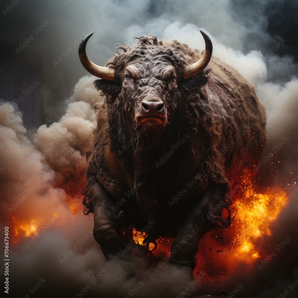 Portrait of a running bull in smoke, blood and fire. Traditional ...