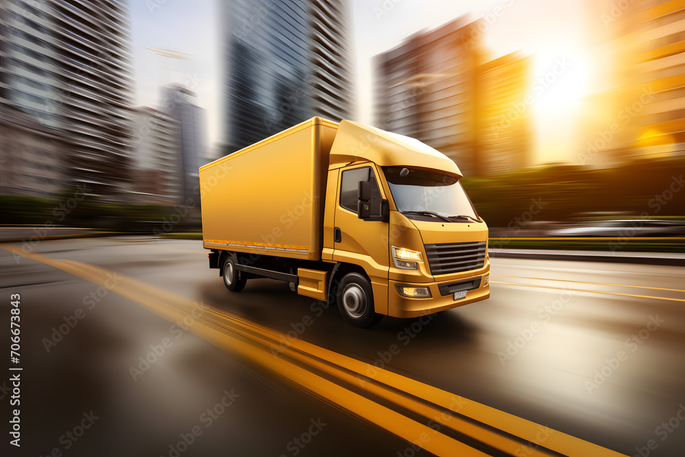 delivery truck driving in fast motion in urban city concept of shipping ...