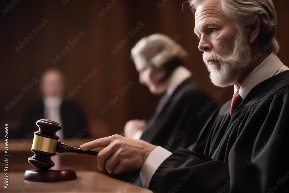 Judge holding of Judge hammer in courtroom. Justice in courthouse on ...