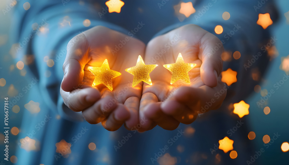 Businessman holding five glowing golden stars for excellent evaluation ...