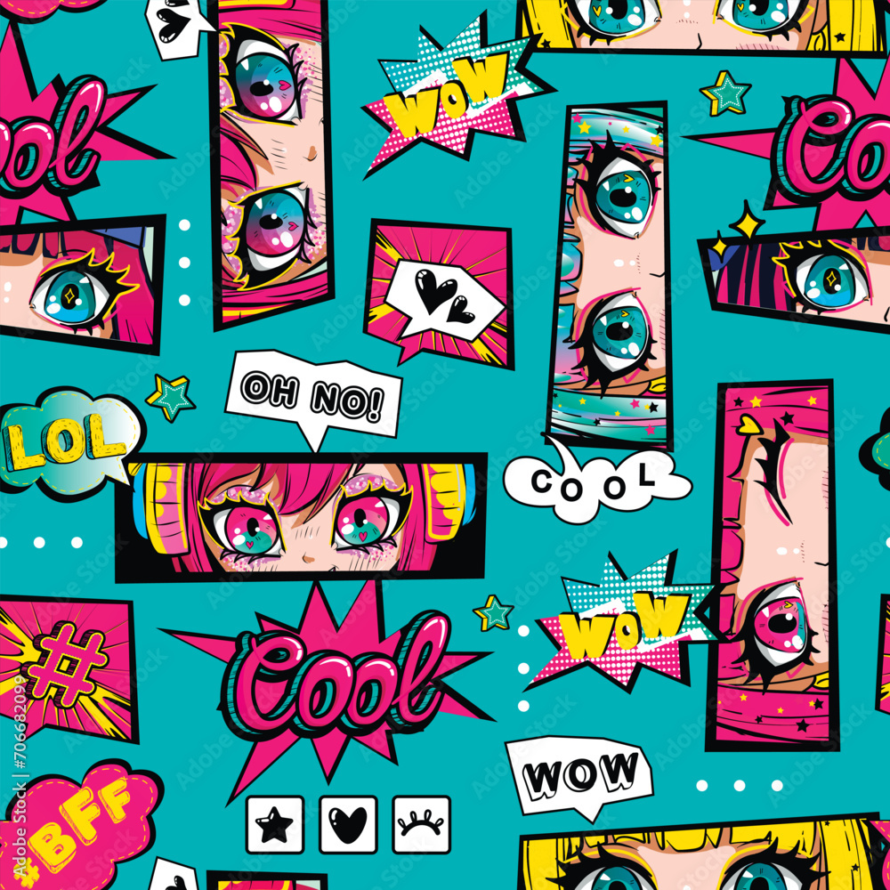 Anime girl big eyes seamless pattern on blue background. Vector anime ...
