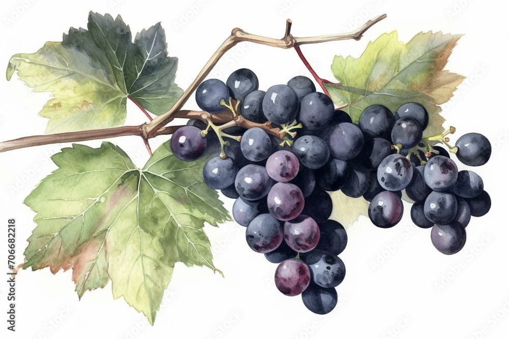 Black grapes branch with trifera grapes and vine leaf on white ...