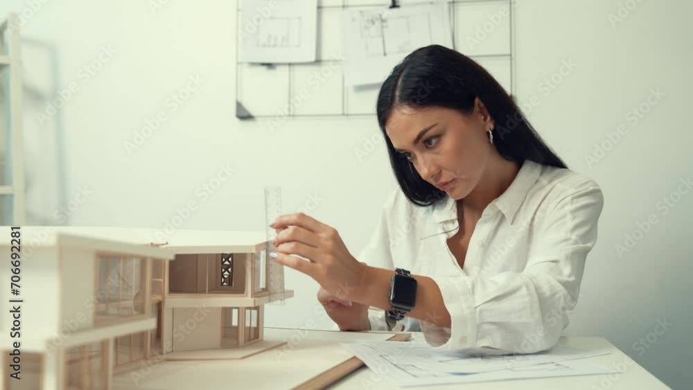 Closeup of beautiful young architect engineer focus on using pencil ...