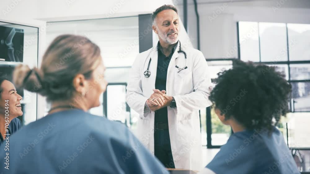 Happy senior, doctor and high five for good job, success or winning in ...