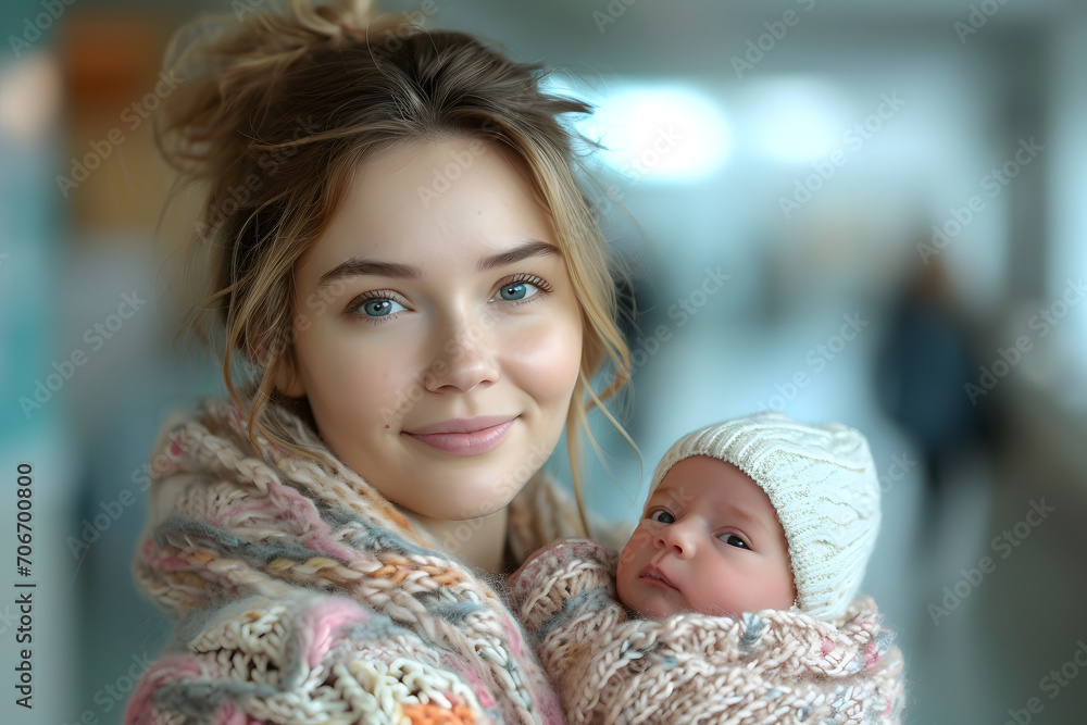 Loving mom carying of her newborn baby at home. Bright portrait of ...