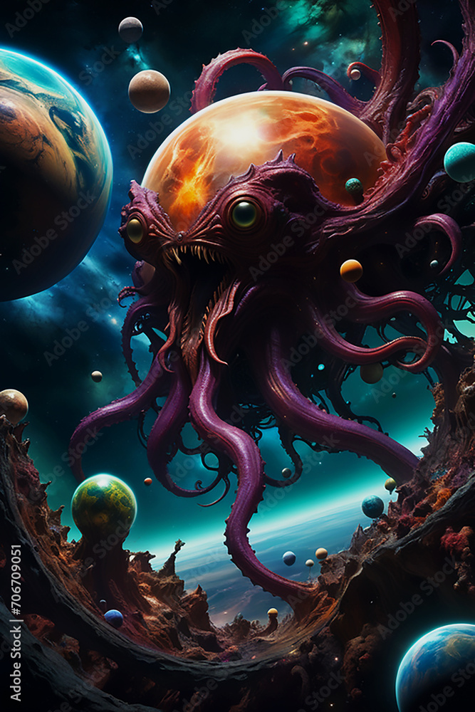 Giant Octopus Planet Alien Monster on Outer Space Galaxy Universe ...
