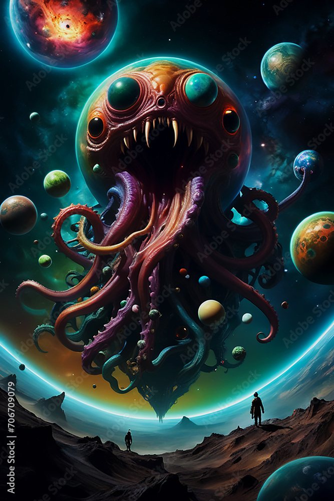 Giant Octopus Planet Alien Monster on Outer Space Galaxy Universe ...