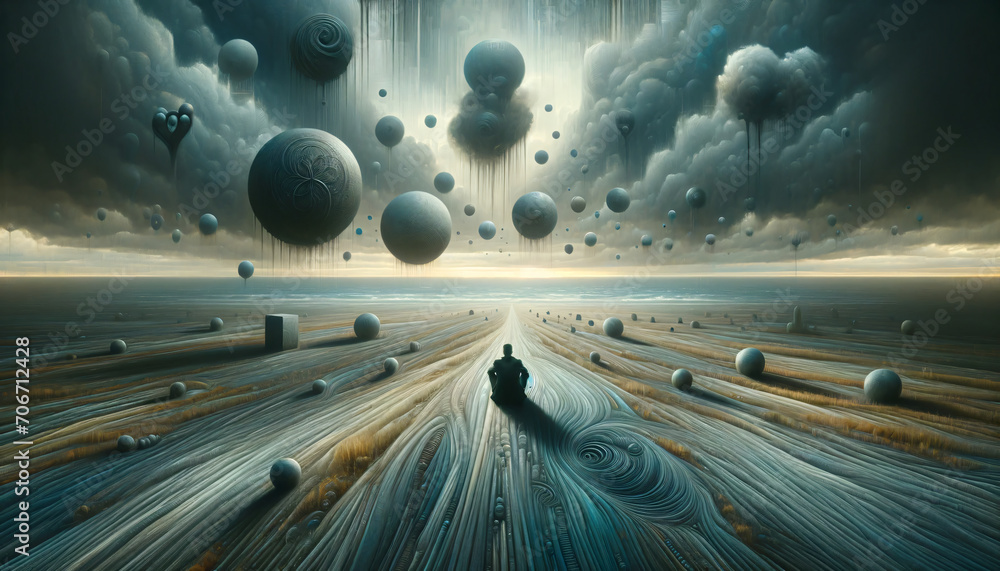 A surrealist depiction of depression and sadness. The image should ...