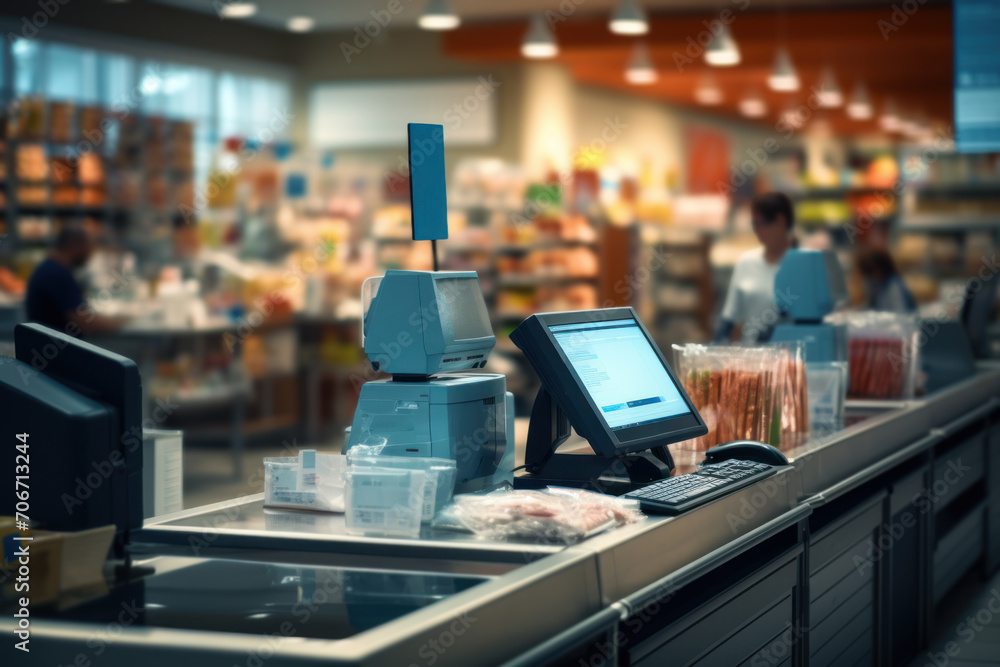 A cashier efficiently scanning items at a checkout counter ...
