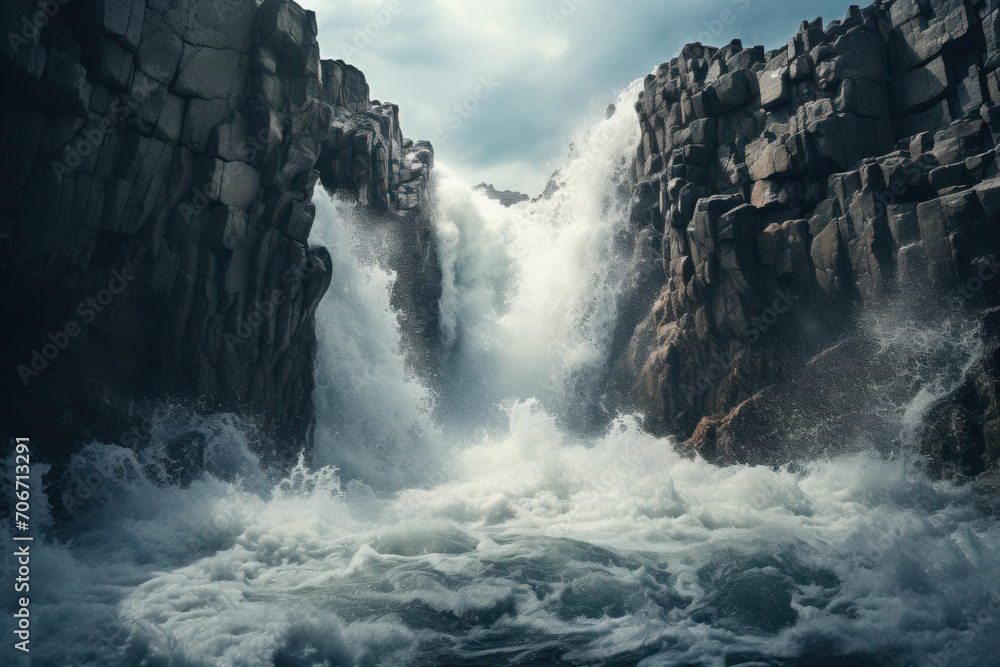 A waterfall cascading down a rocky cliff with swift intensity ...