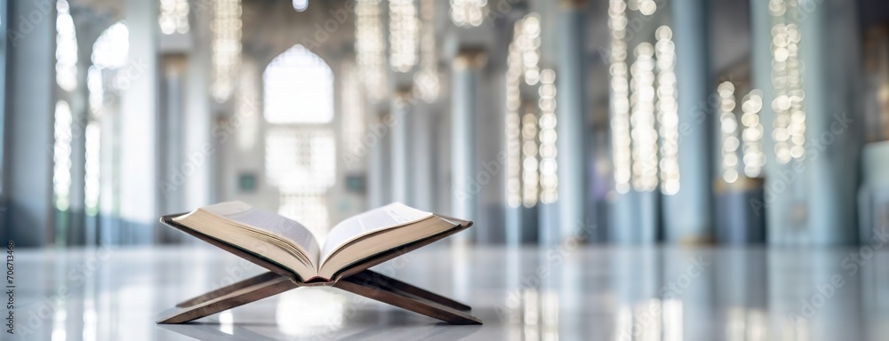 Quran in a tranquil mosque setting. An open Coran holy book with ...