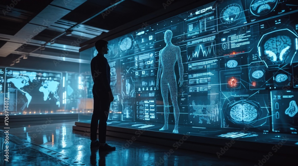 A person standing next to their digital twin, displayed on a large ...